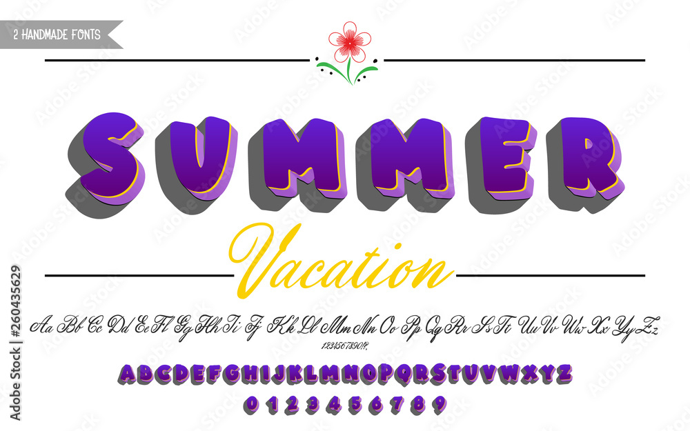 Summer Vacation. Bold and script calligraphy font, latin alphabet with ...