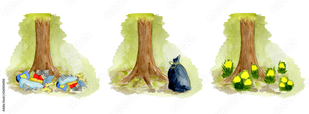 Ecological concept. Stages of cleaning up the forest: heap of garbage ...