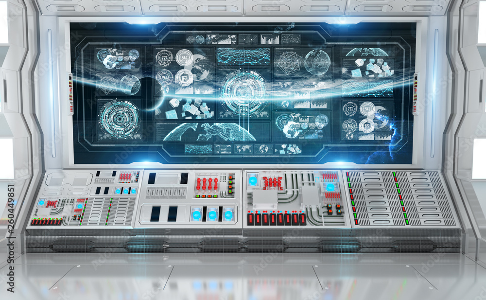 White spaceship interior with control panel digital screens 3D ...