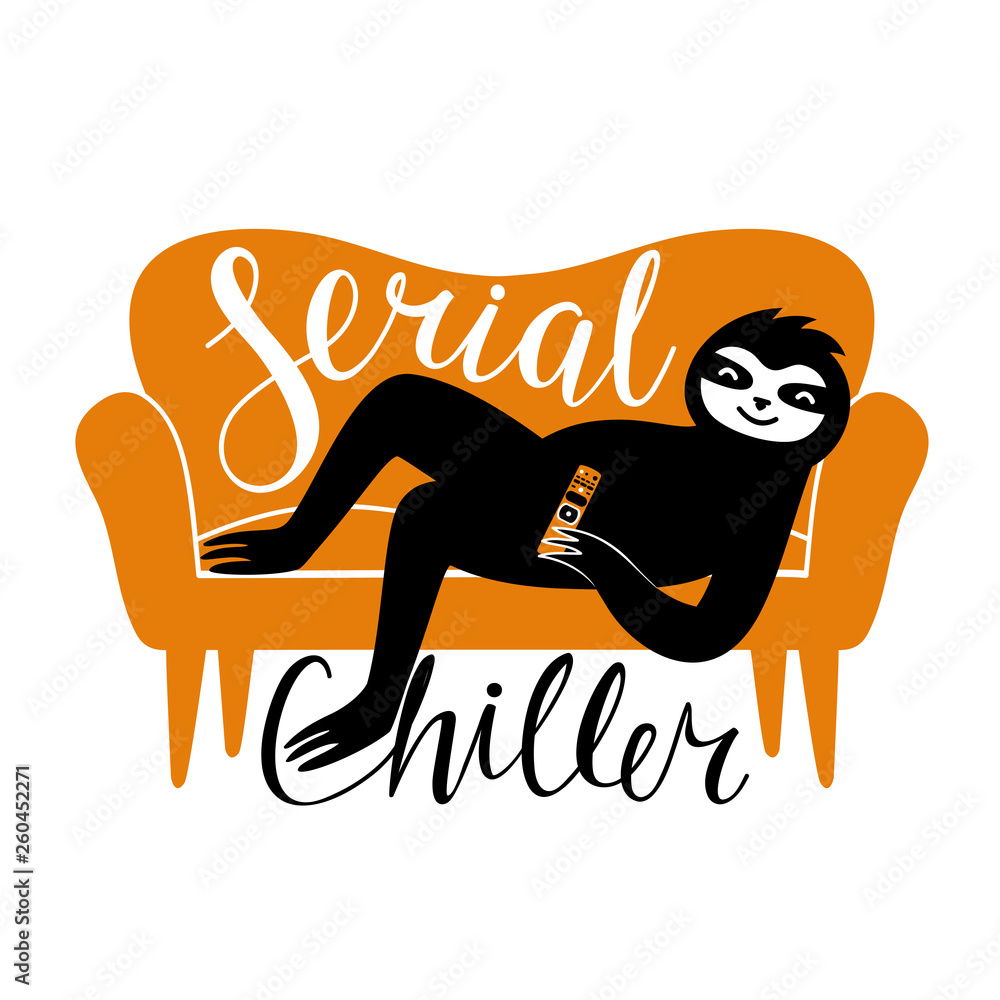 Vector illustration of a sloth lying on an orange sofa with a TV remote ...