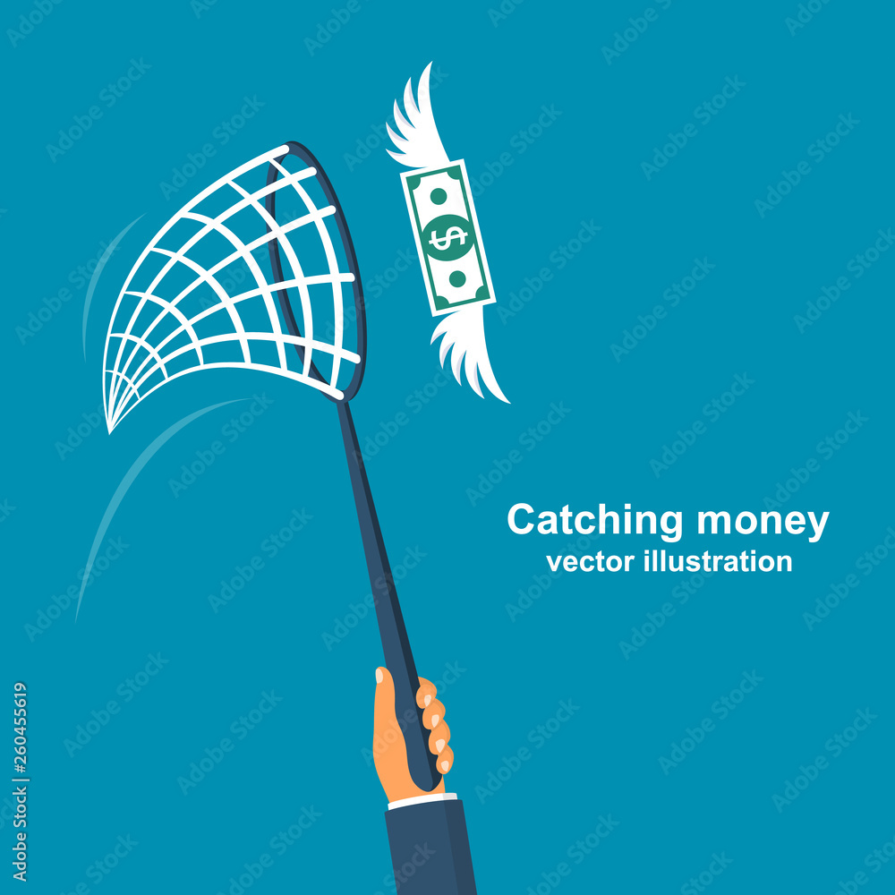 Chasing money concept. Businessman trying to catch flying money ...