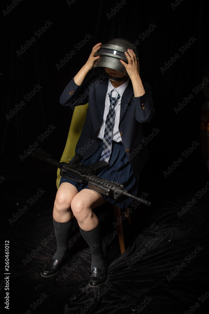 Asian Chinese girl dressed in school uniform cosplay PUBG character ...