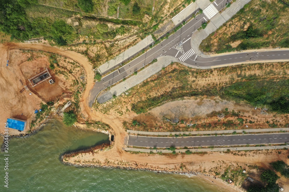 Aerial view from asphalt road, unfinished work, aerial view, end of the ...