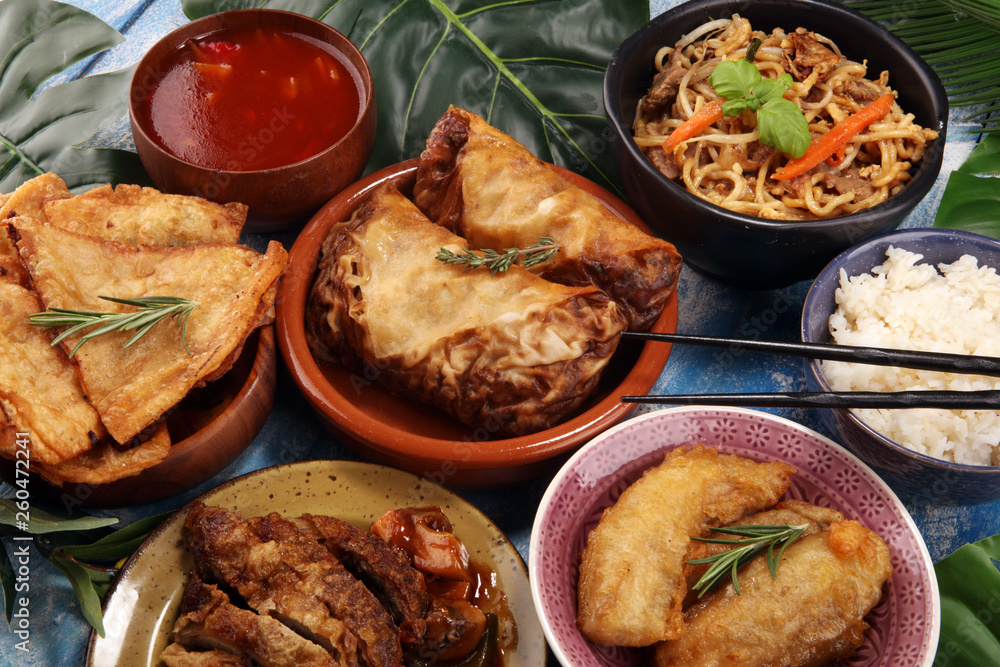 Assorted Chinese food set. Chinese noodles, fried rice, peking duck ...