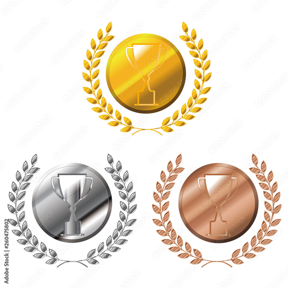 Laurel leaves and trophies, gold, silver and bronze medal illustrations ...