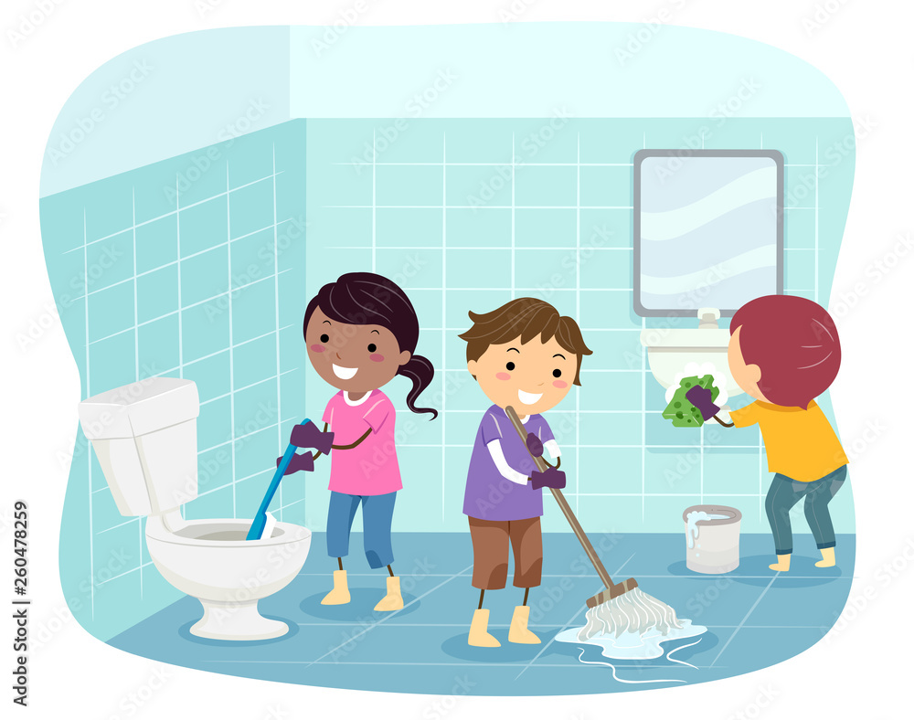 Stickman Kids Clean Toilet Illustration Stock Vector | Adobe Stock
