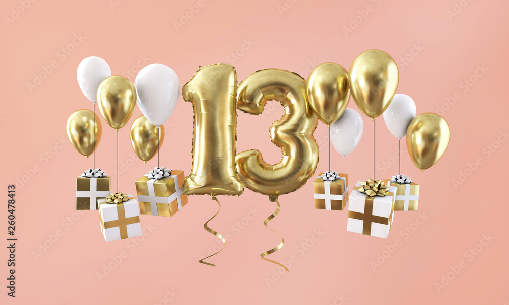 Number 13 birthday celebration gold balloon with presents. 3D Render ...
