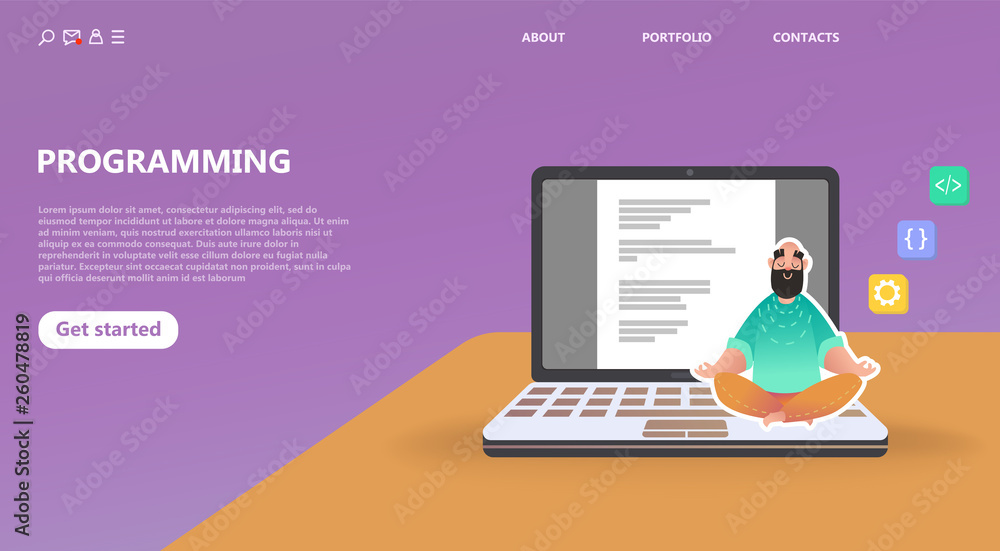 Programmer at work concept. Cartoon character man does programs in the ...