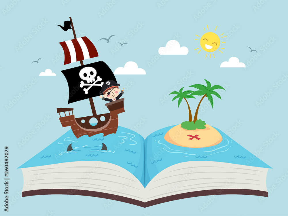Kid Boy Pirate Story Ship Open Book Illustration Stock Vector | Adobe Stock