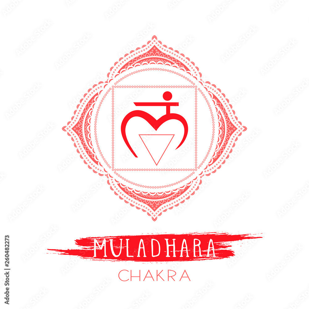 Vector illustration with symbol Muladhara - Root chakra and watercolor ...