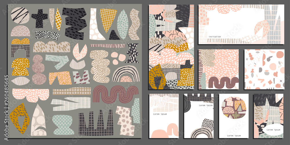 Vetor de Vector Collage template creative kit with hand draw texture do ...