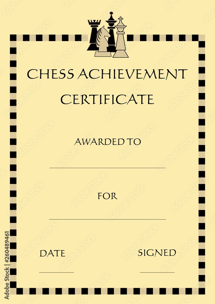 Chess achievement certificate with group of chess pieces, knight, rook ...