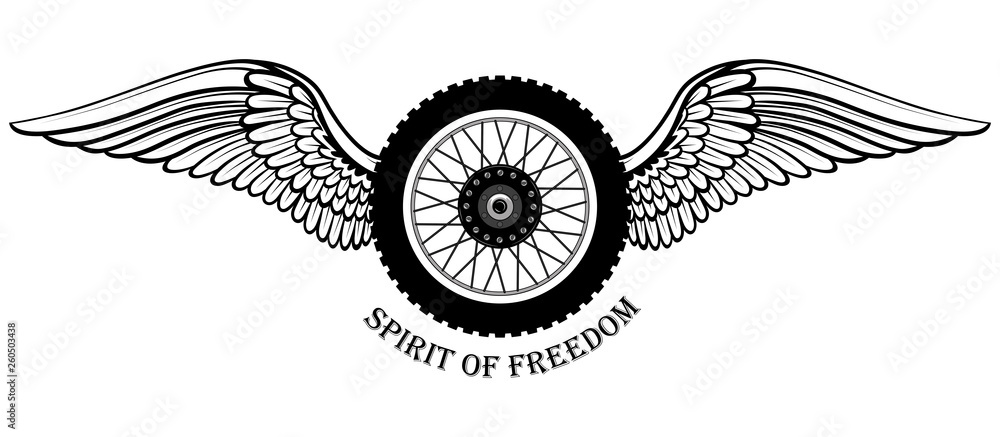Black and white vector image of a motorcycle wheel with wings. Image on ...