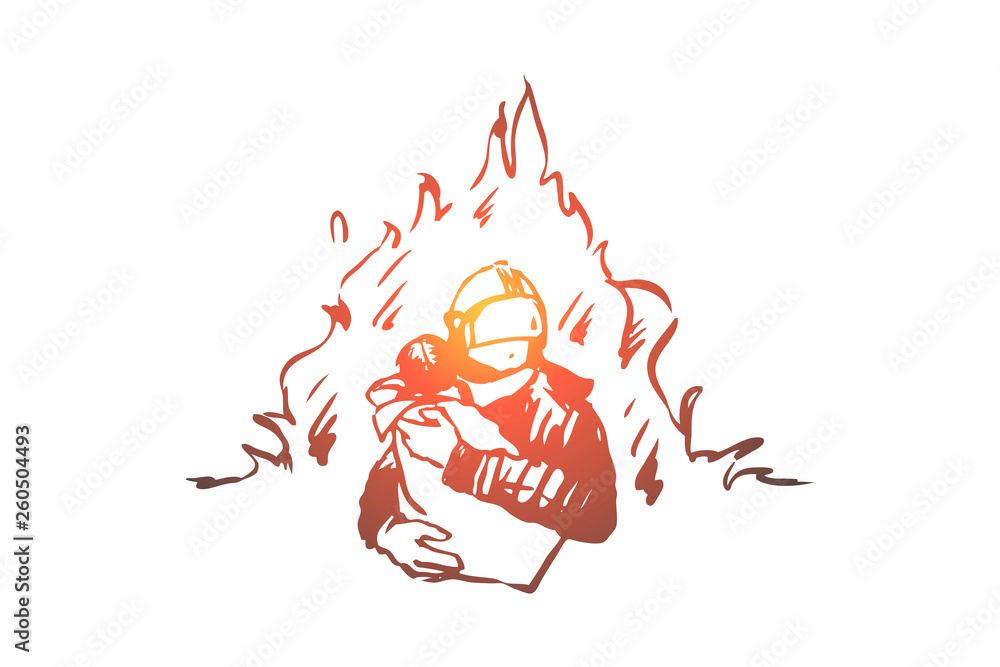 Firefighter, safety, fire, child, rescue concept. Hand drawn isolated ...
