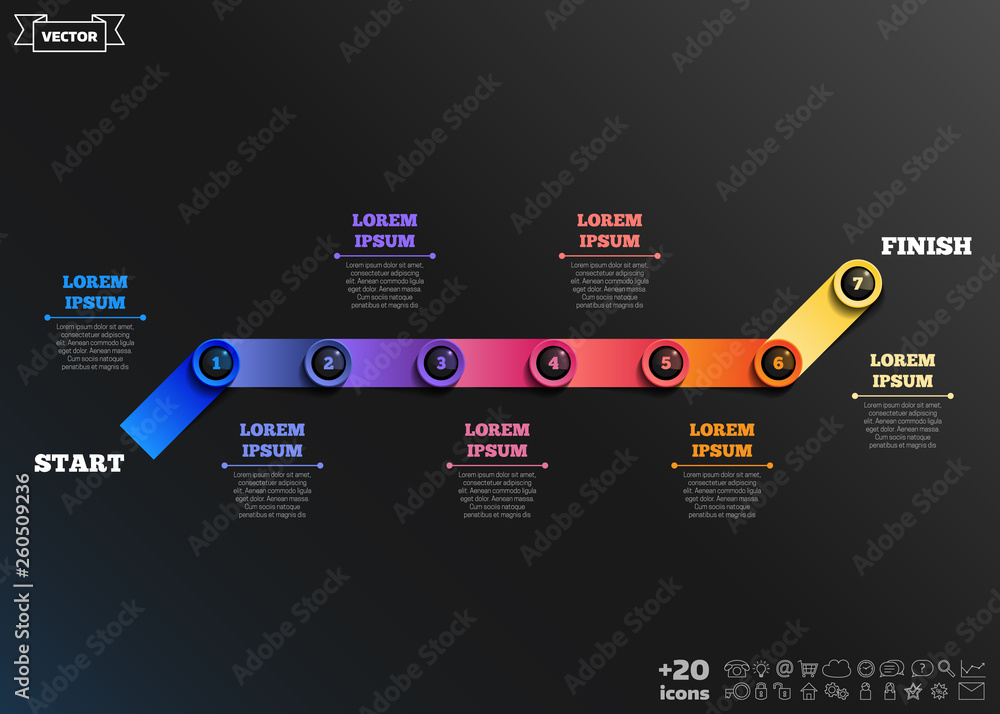 Timeline infographics design with colorful circles. Business concept. 7 ...