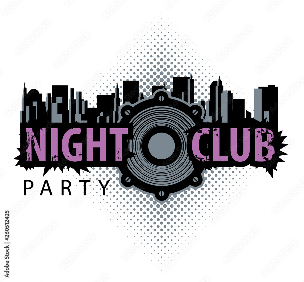 Vector logo for a night club with speaker over modern city background ...