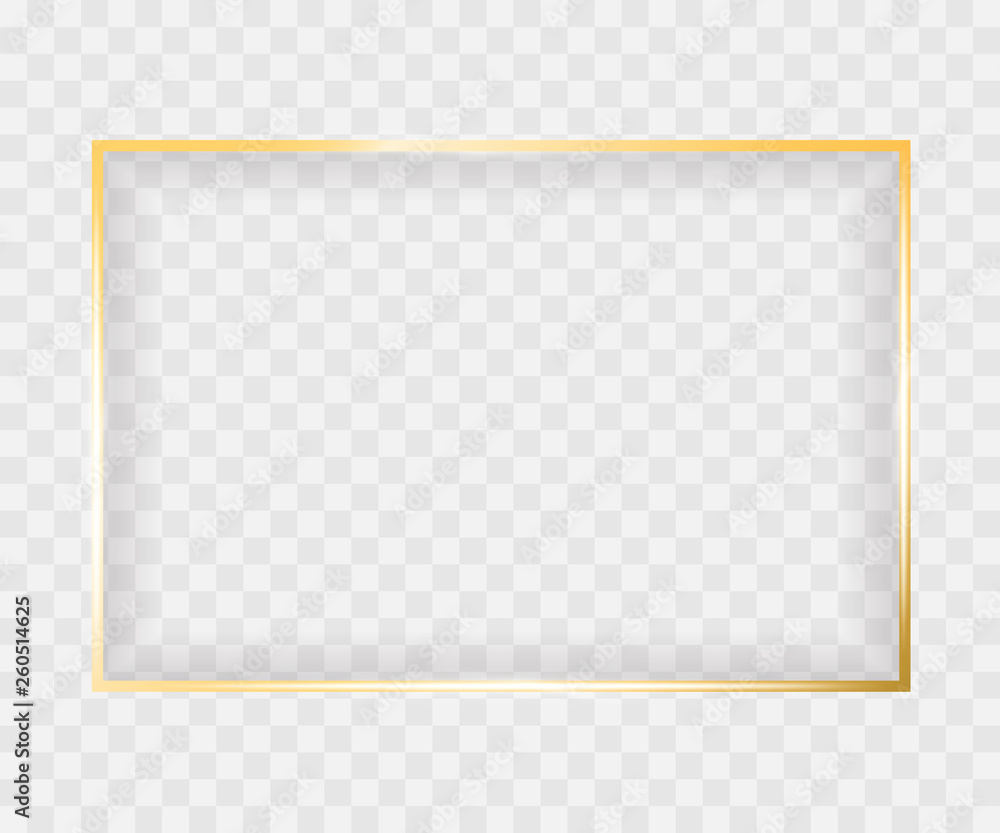 Gold shiny glowing rectangle frame isolated on transparent background. Vector border for ...