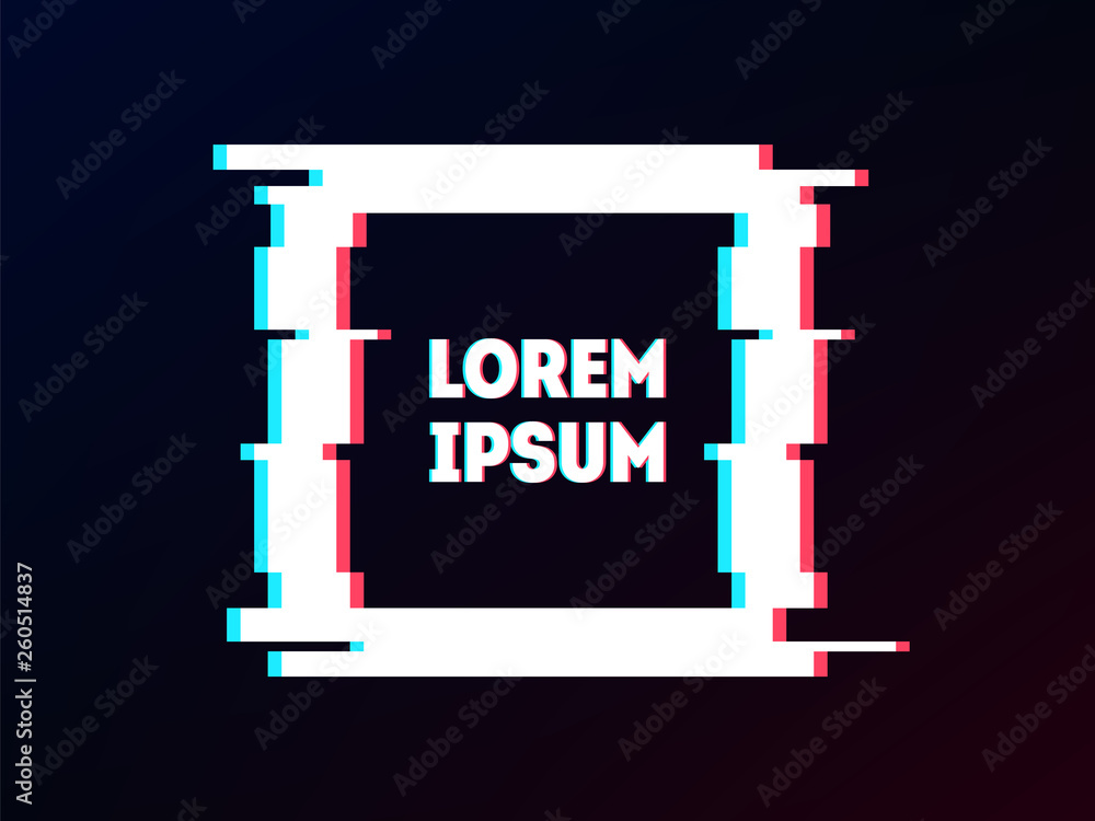 Glowing square frame with glitch effect on dark gradient. Background in ...