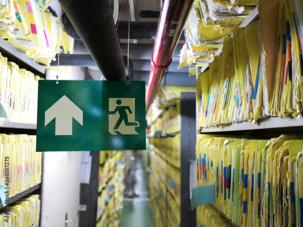Fire exit sign for Document control room in hospital for important ...