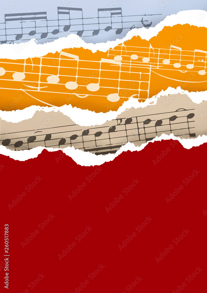 Ripped paper background with music notes. Illustration of several torn ...