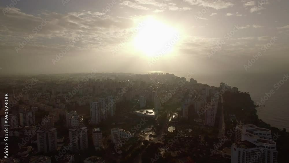 An aerial view of evening Antalya. Lots of multi storey buildings in ...