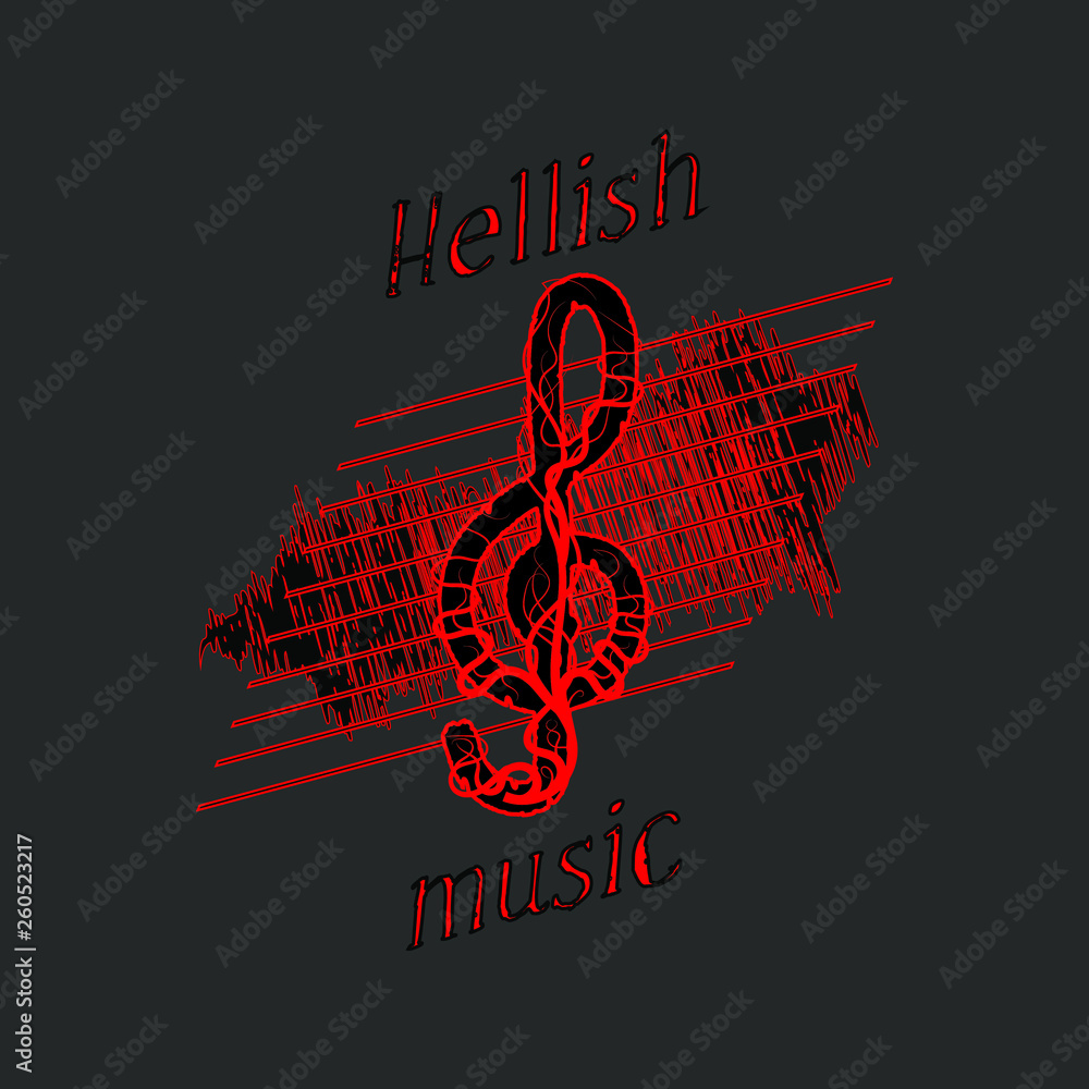 Treble clef in the style of the blood tree and the text hellish music ...