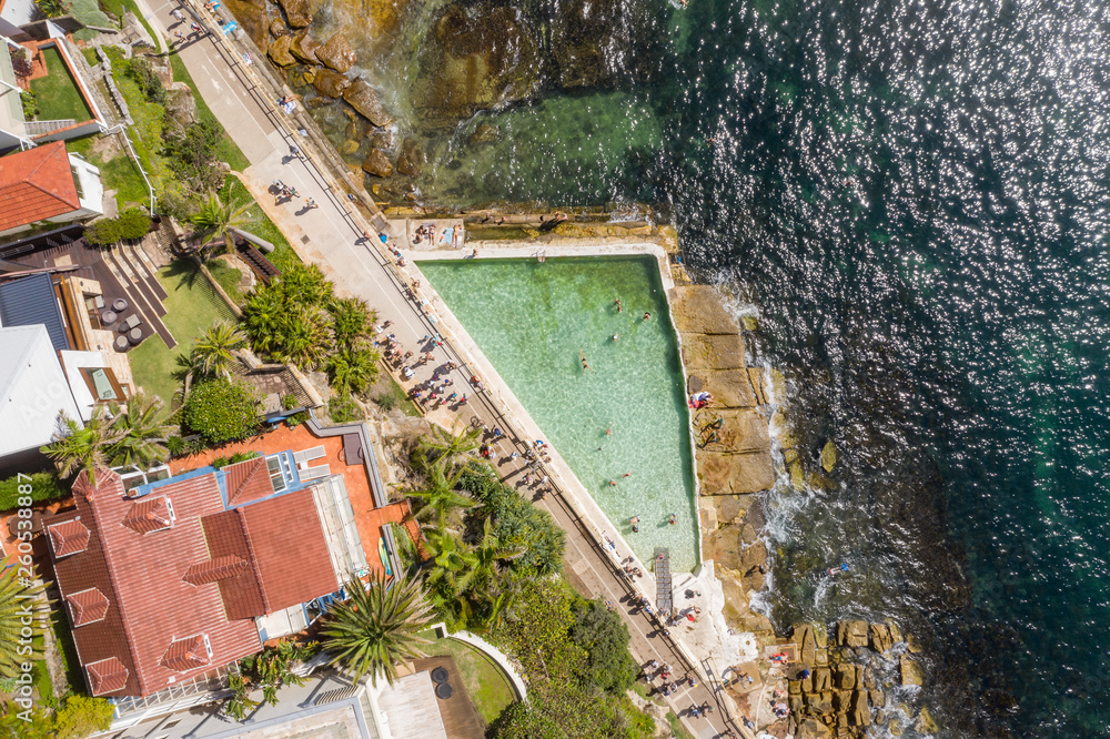 Overhead view of a triangular shaped public swimming pool at Manly ...