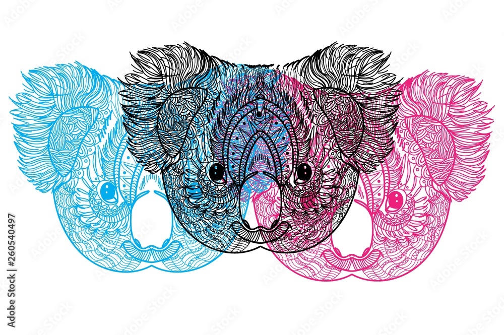 Koala. Head of koala and fluffy ears. Drawing manually in vintage style ...