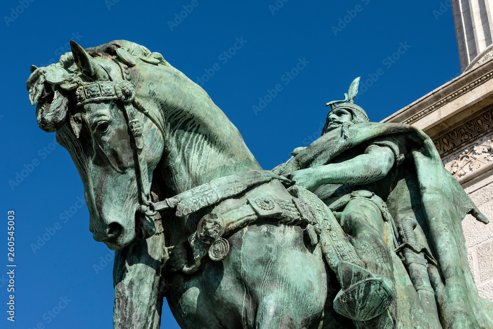 Hungary, Budapest, Hosok tere: Close up of ruler Arpad statue ruler of ...