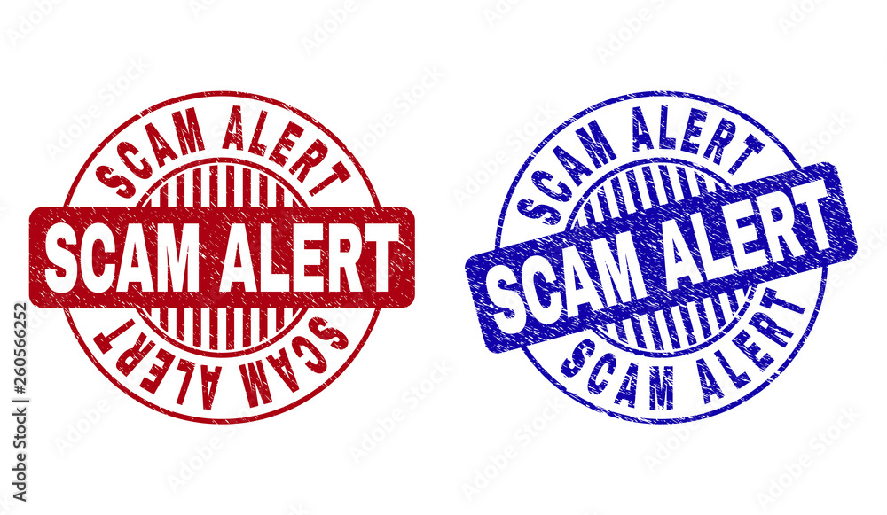 Grunge SCAM ALERT round stamp seals isolated on a white background ...