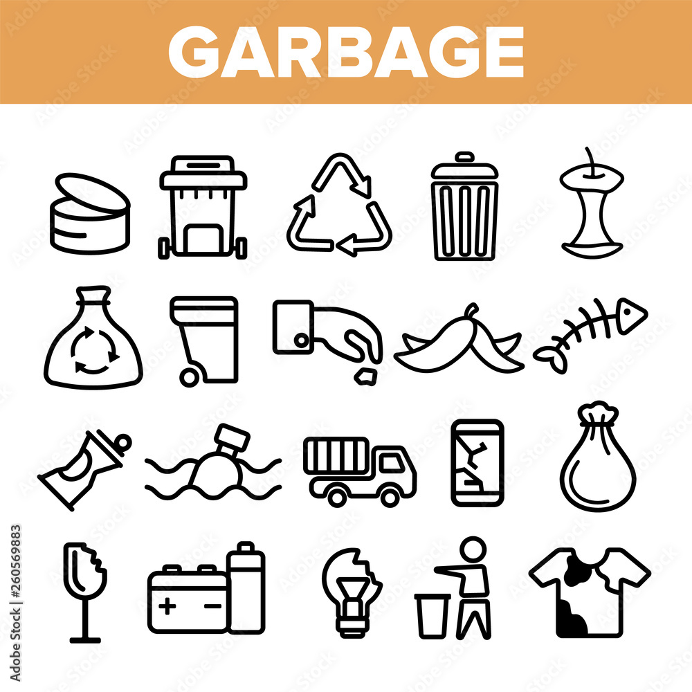 Garbage Recycling Linear Vector Icons Set. Trash, Garbage Thin Line ...