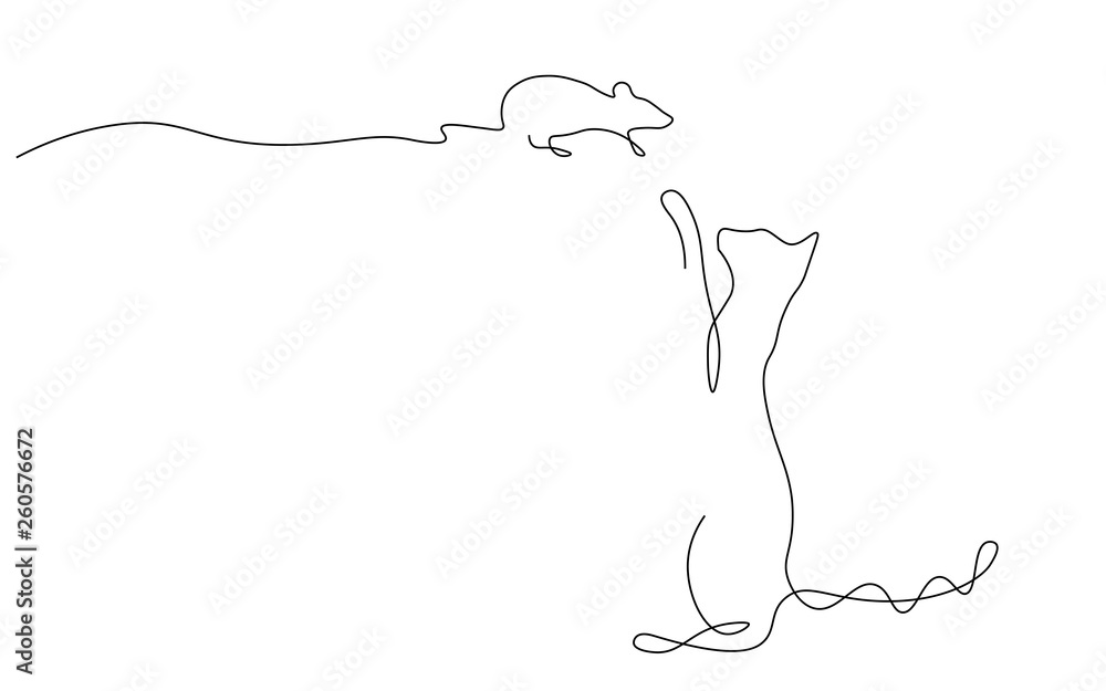 Cat and mouse one line drawing vector illustration Stock Vector | Adobe ...