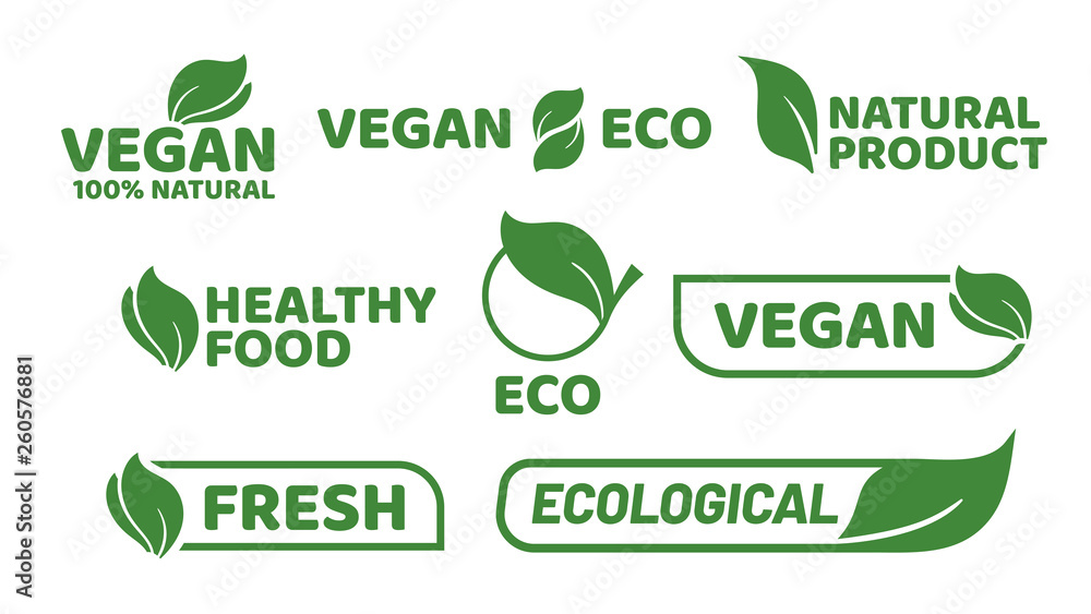 Vegan tag label. Veganism badge logo, vegetarian organic products and ...