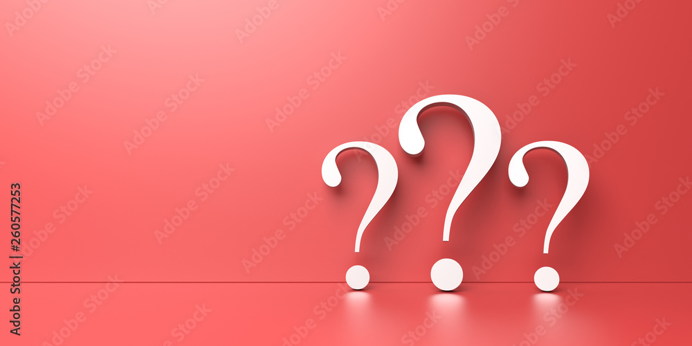 White question marks on red background with empty copy space on left ...