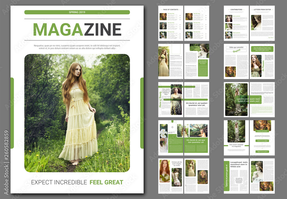 Magazine Layout with Green Accents Stock Template | Adobe Stock
