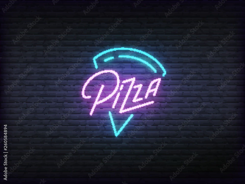 Pizza neon glowing sign. Bright vector label of pizza slice and ...