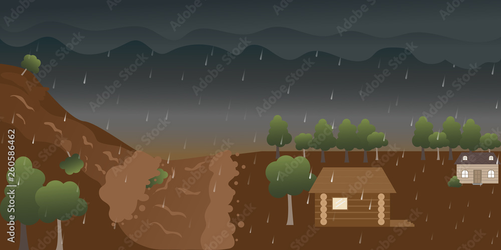 Cartoon flood disaster of house at rainwater forest. Stock Vector ...