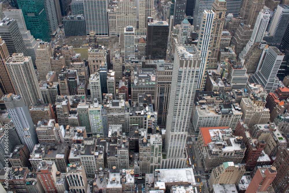 Aerial view of Manhattan in New York City showing the classic high rise ...