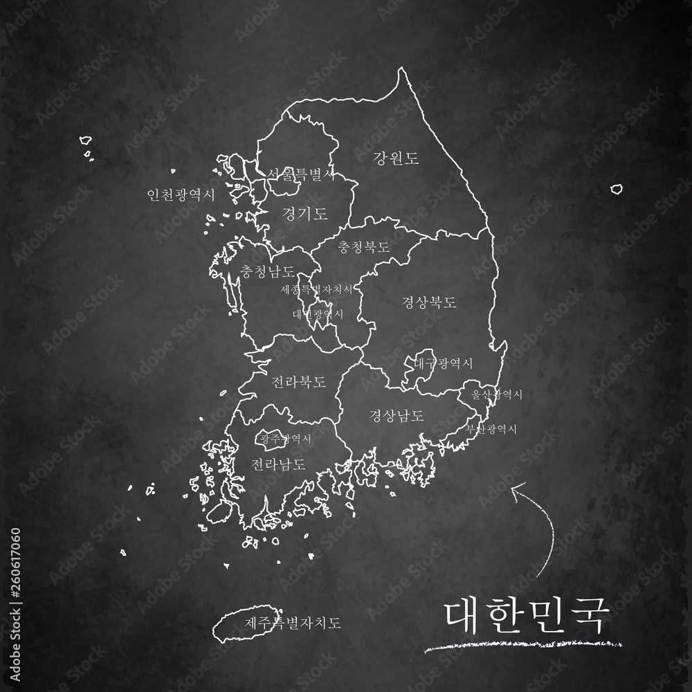 South Korea map separate region Korean names Hungul font card ...