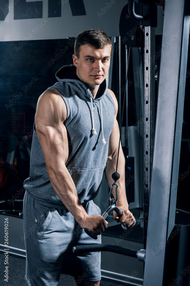 Handsome muscular sportman working out, training arms in gym, pumping ...