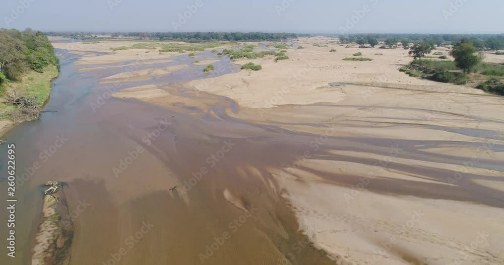4K straight up aerial view where the the Runde and Save rivers meet in ...