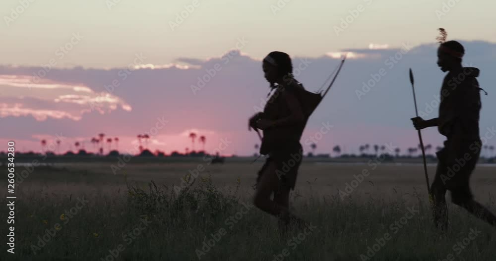 4K side view of three San people/Bushman walking past the camera in ...
