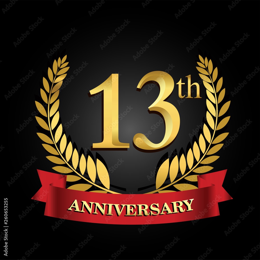 13 anniversary logo with red ribbon and golden laurel wreath, vector ...