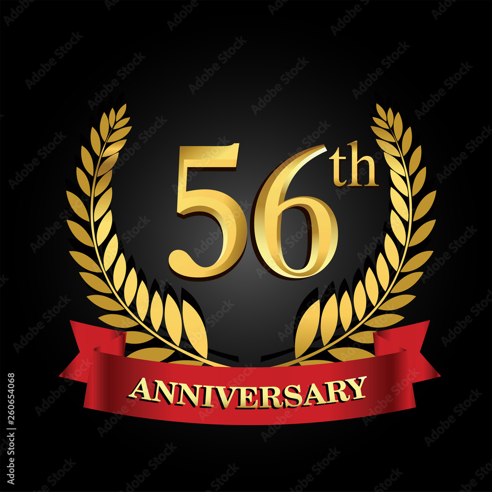 56 anniversary logo with red ribbon and golden laurel wreath, vector ...