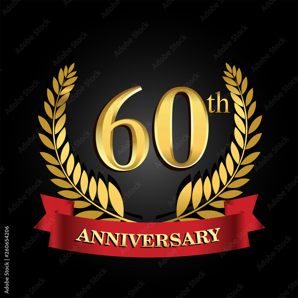 60 anniversary logo with red ribbon and golden laurel wreath, vector ...