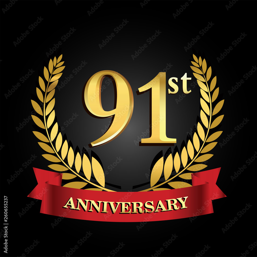 91 anniversary logo with red ribbon and golden laurel wreath, vector ...