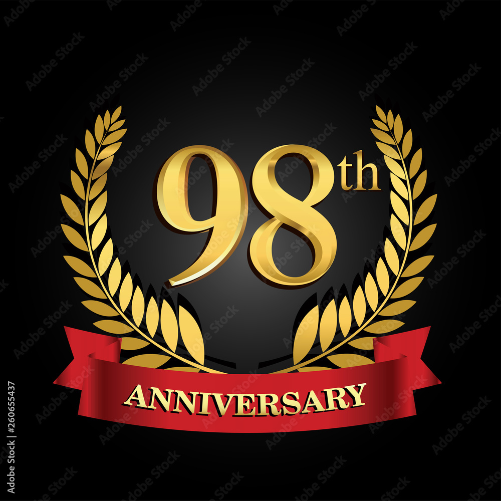 98 anniversary logo with red ribbon and golden laurel wreath, vector ...