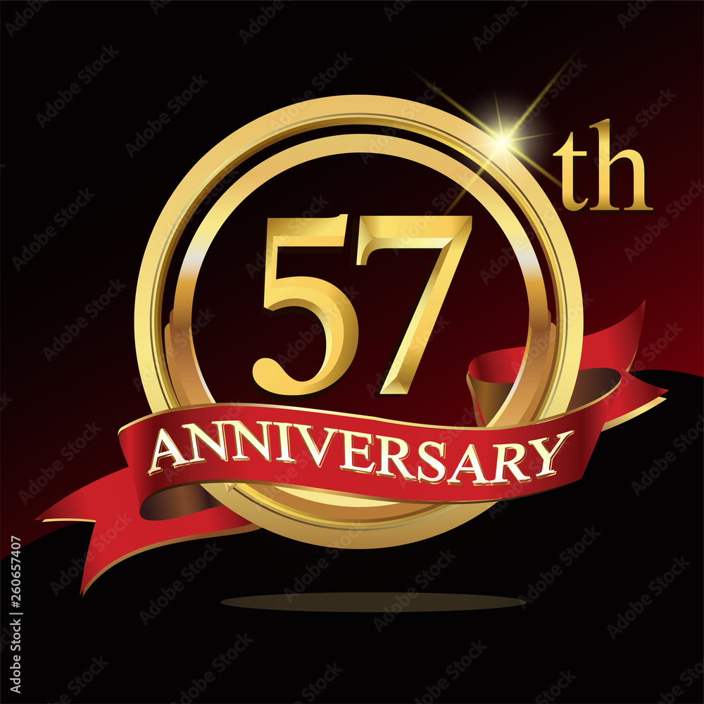 57 golden anniversary logo. with ring and ribbon. Stock Vector | Adobe ...