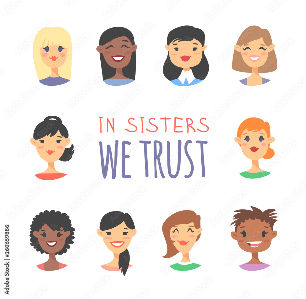 Set of a group of different people and text. Cartoon style characters ...