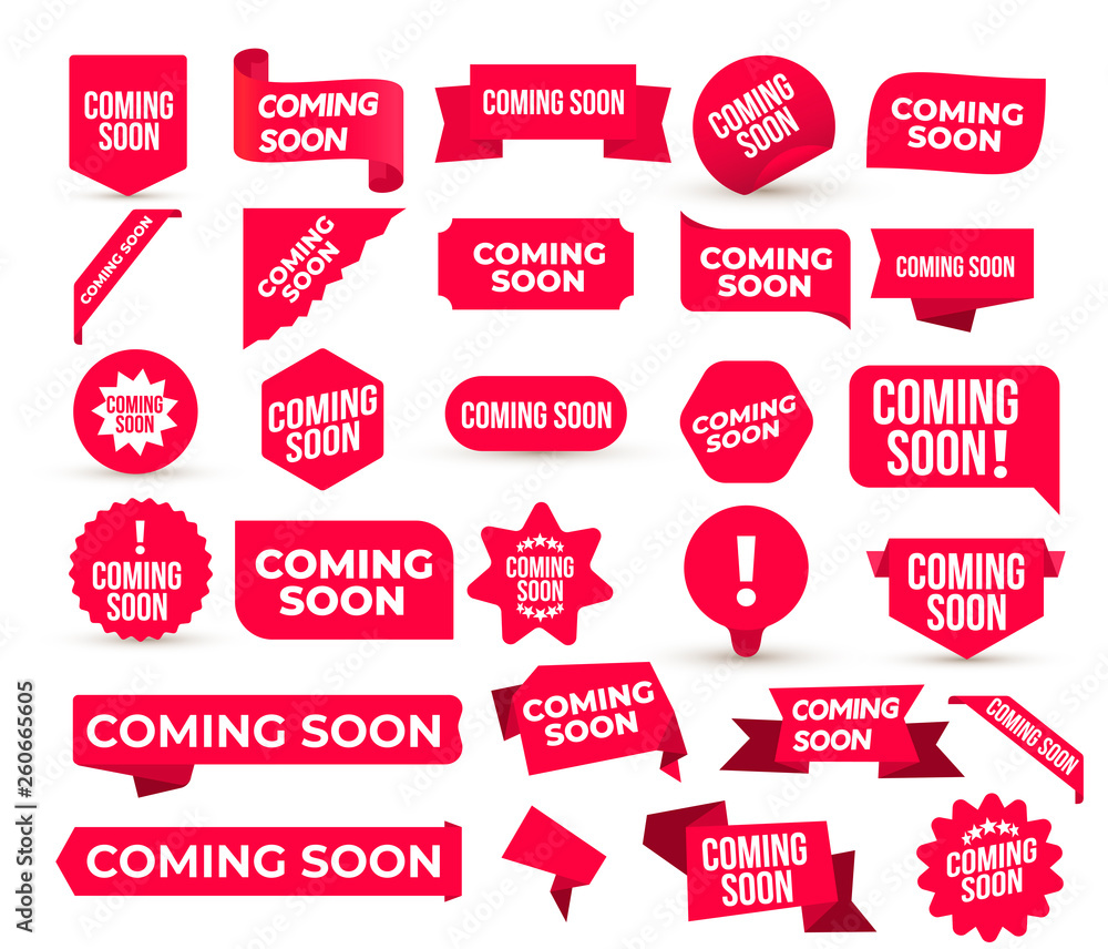 Set of Coming Soon promo banners, stickers and tag labels. Red shop or ...